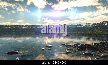 Beautiful sunset over the tropical lagoon, illustration 3d rendering ...