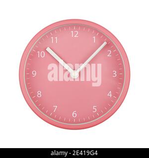 Close up pastel pink wall clock face dial with Arabic numerals, hour ...