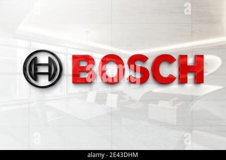 Bosch company logo on the wall. Bosch is a German multinational ...