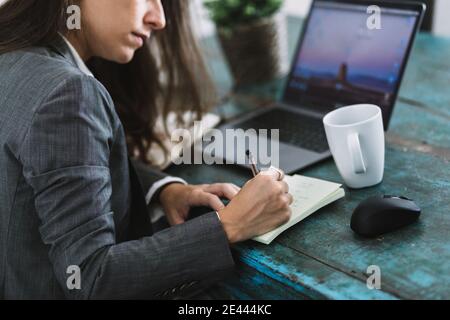 cropped view of businesswoman writing in notebook near laptop ...