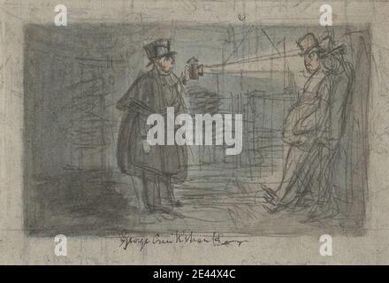 Watchman shining a torch on a Drunken Figure by George Cruikshank Stock ...