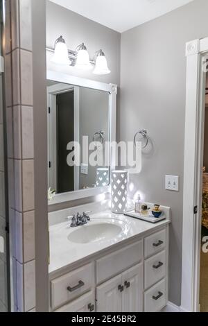 Small bathroom interior with vanity sink and mirror cabinet Stock Photo ...
