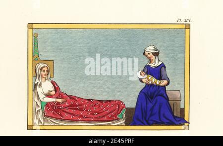 The ladies chamber, 14th century. Woman sleeping in bed with rich ...