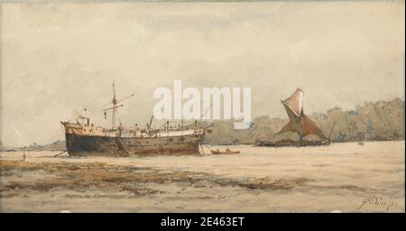 A Moored Barque and Barge in a River 1884 by Richard Henry Nibbs Stock ...