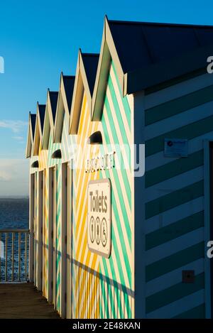 Multicoloured toilets on Southend on Sea, Essex, UK seafront in the ...