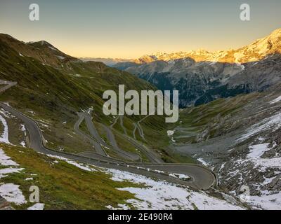 Serpentines of alpine mountain road to Stelvio Pass, Italian: Passo ...