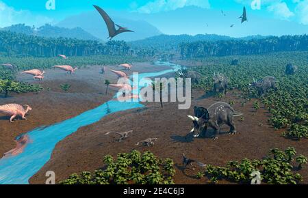 Palaeozoology - Cretaceous period - Dinosaurs - Triceratops - Art work ...
