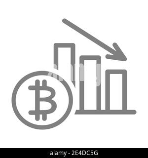 Bitcoin rate decrease thin line icon. Cryptocurrency graphic down ...