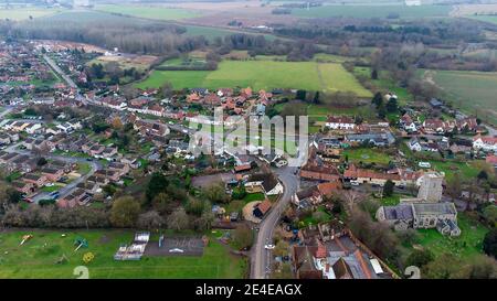 A drone view of the picturesque village of Haughley in Suffolk, UK ...