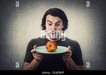 Shocked person holding an empty dish plate in his hands, looking ...