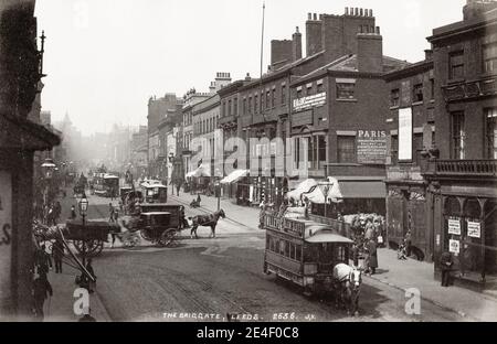 Vintage 19th century photograph: Briggate, street in Leeds, horse drawn ...