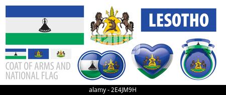 Lesotho official national flag and coat of arms, african country ...