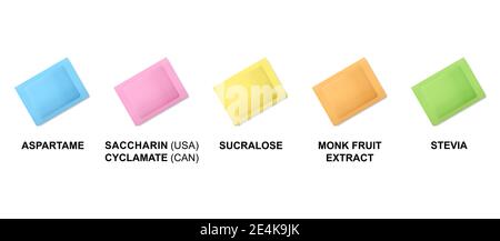 Color codes of sugar substitute packets. Sweetener pouches, color ...