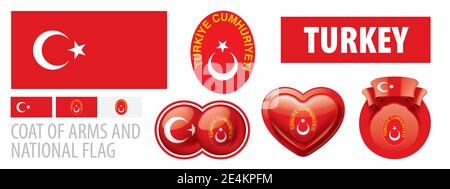 Turkey official national flag and coat of arms, Europe and Asia, vector ...