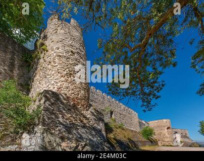 Cylindrical towers at Fortaleza de Abrantes, castle at hilltop over ...