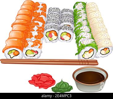 Sushi set with with soy sauce, ginger, wasabi, chopsticks in flat style ...