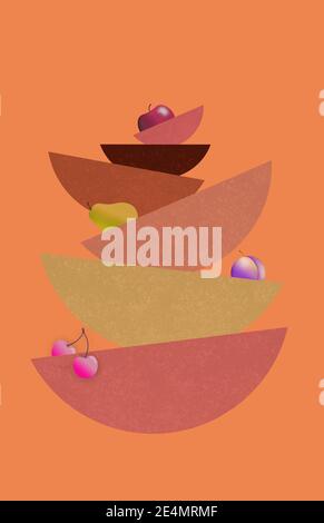 Abstract wooden bowls are seen with fruit in this decorative food ...
