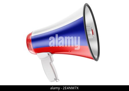Megaphone or loudspeaker with Russian Flag is isolated on white ...