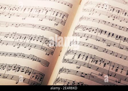 music notes on old paper sheet background Stock Photo - Alamy