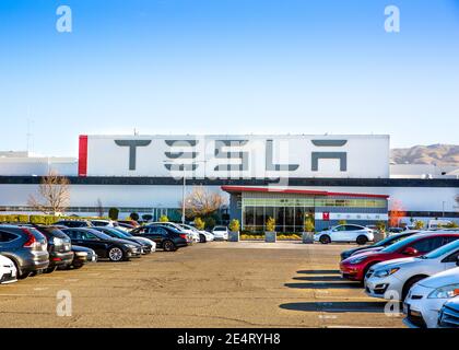 Fremont, CA, USA - January 20, 2021: Tesla factory plant, an American ...