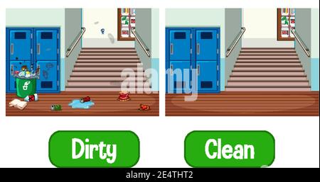 Opposite adjectives words with dirty and clean illustration Stock ...
