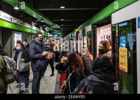 Milan, Italy. 25th Jan, 2021. Milan, Orange Zone, People on the subway ...