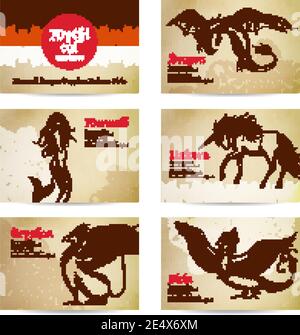 Mythical creatures hand drawn cards set with dragon mermaid and unicorn ...