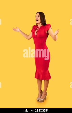 be my valentine. lady on yellow background. love present. amazed ...