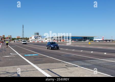 Gibraltar – July 29, 2018: Road with traffic lights in front of the ...
