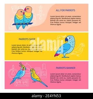 Pet shop banner with parrot icons in colored line style. Poster or ...