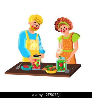 Couple Preserving Vegetables In Bottles Vector. Happy Smiling Man And ...
