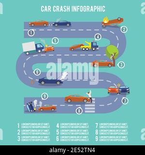 Car crash infographic set with damaged auto burning vehicle vector ...