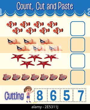 Count, Cut and Paste maths worksheet for children illustration Stock ...