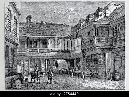 Vintage picture of old London. The Tabard Inn, Southwark, built in the ...