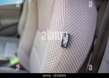 side airbag label on car seat. car safety and warning system Stock ...