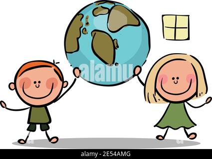 Stick Figure Kids holding planet earth stock illustration Vector, Save ...