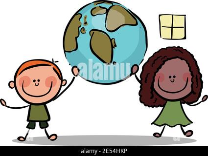 Stick Figure Kids holding planet earth stock illustration Vector, Save ...
