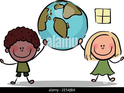 Stick Figure Kids holding planet earth stock illustration Vector Stock ...