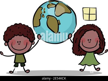 Stick Figure Kids holding planet earth stock illustration Vector, Save ...