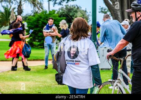A woman wearing a T-shirt with Riccardo Bosi, leader of AustraliaOne ...