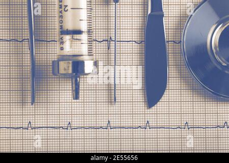 Retro medical tools on the ECG chart Stock Photo - Alamy