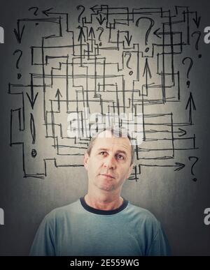 Pensive man looking for solution to problem, redhair guy seeking help ...