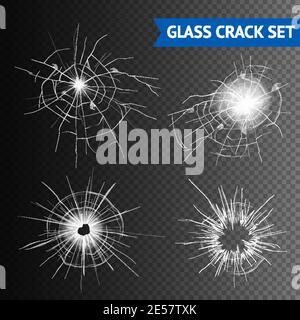 Set of glass crack with different types of damage on black background ...