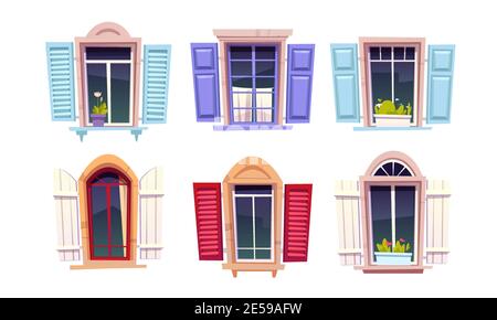 French window and pink curtain isolated on white background. Vector ...