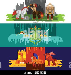 Three banners flat of mythical creatures with dungeon and lawn and full ...