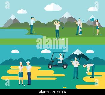 Golf course with green grass and pond at sunset Stock Vector Image ...