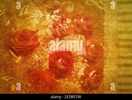 Red roses bouquet with music notes and piano keyboard Stock Photo - Alamy