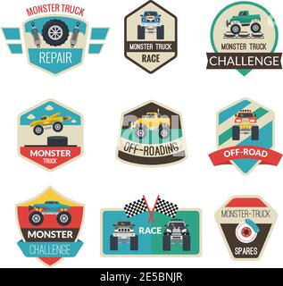 Monster truck emblems set with high power vehicles isolated vector ...