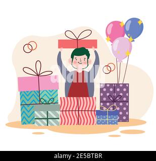 happy boy coming out gift box birthday vector illustration Stock Vector ...