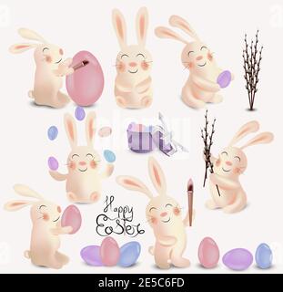 A set of blue cartoon rabbits with 3d cinema glasses isolated on white ...